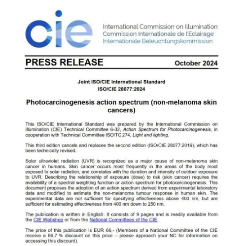 国际照明委员会（CIE）联合ISO/TC 274发布国际标准ISO/CIE 28077:2024