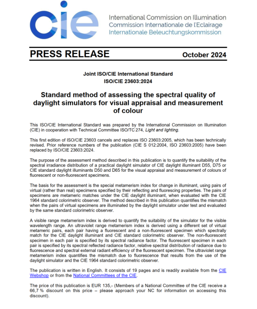 国际照明委员会（CIE）联合ISO/TC 274发布国际标准ISO/CIE 23603:2024
